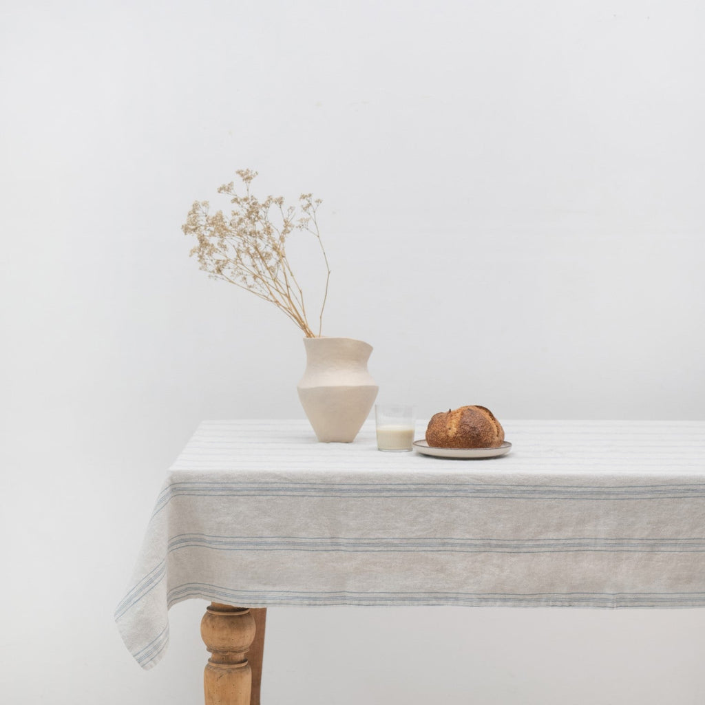 Grey Blue Wide Stripe Rustic Linen Tablecloth – Linen Tales USA