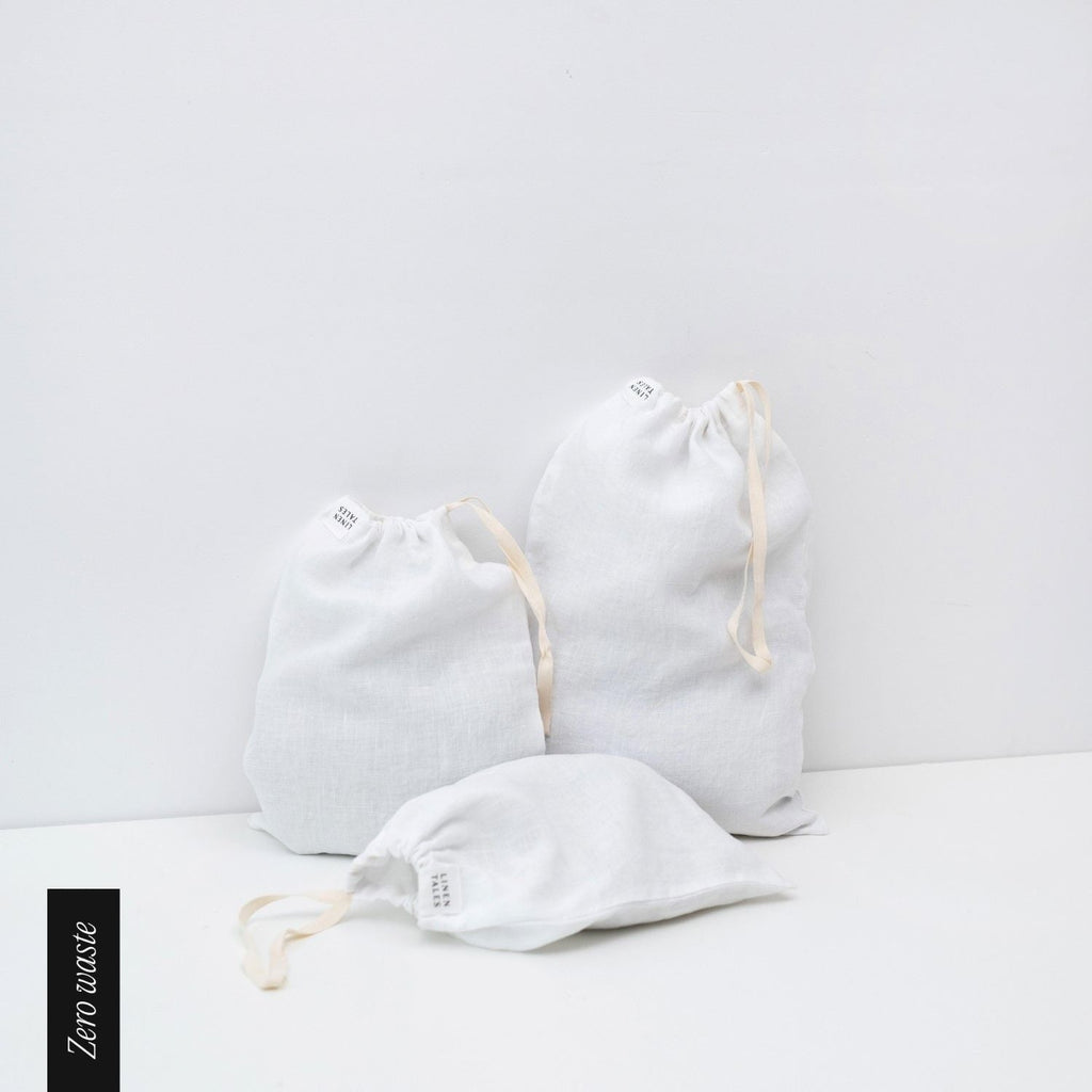 Zero Waste White Linen Drawstring Bags Set of 3 – Linen Tales USA